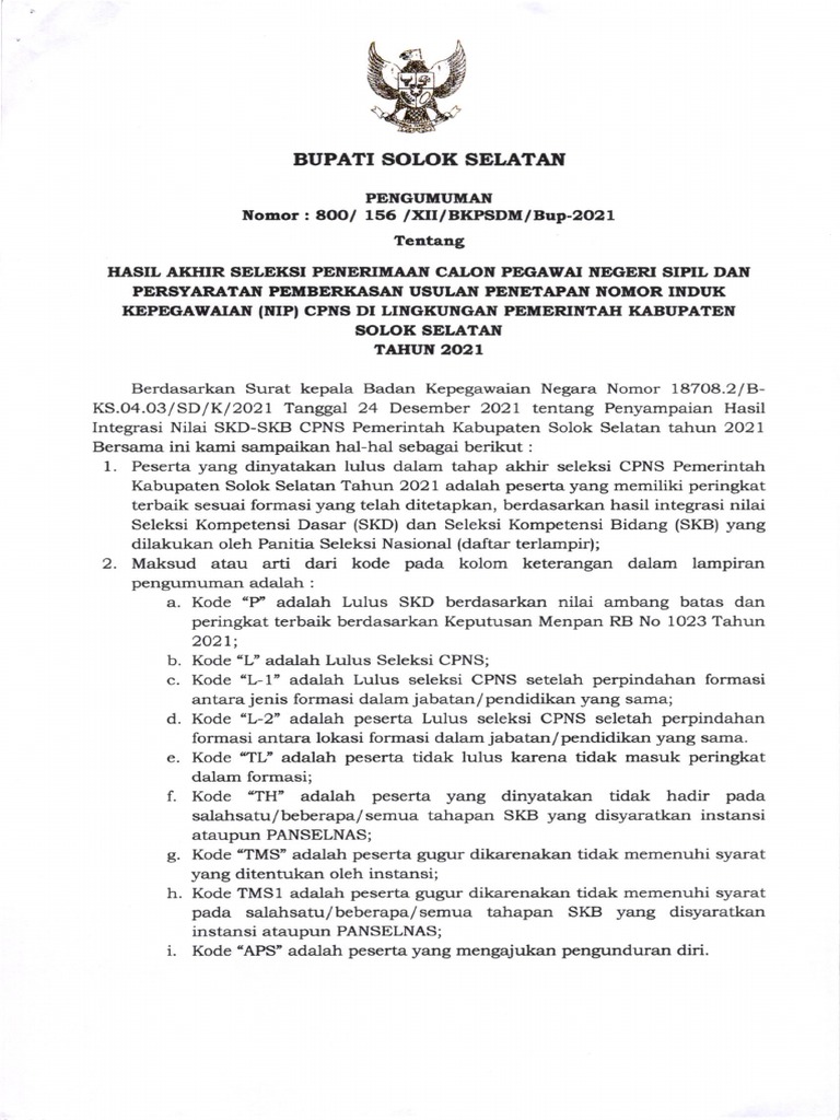 Pengumuman Hasil Seleksi CPNS 2021 | PDF