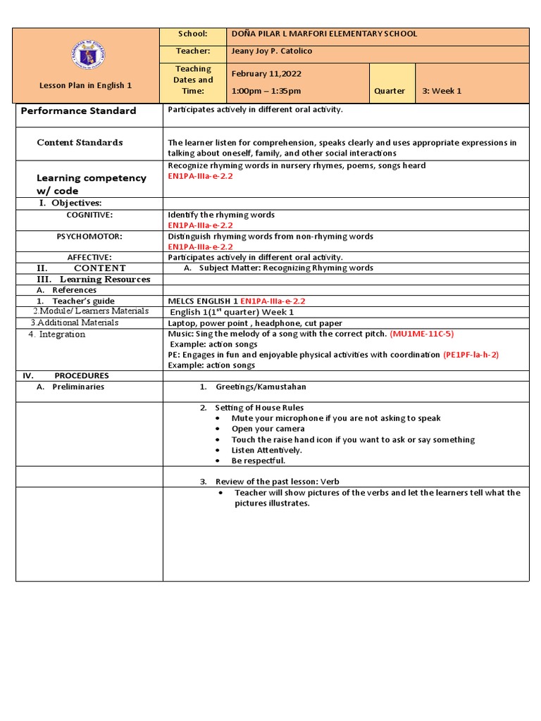 Lesson Plan in English 1 | Download Free PDF | Teachers | English Language