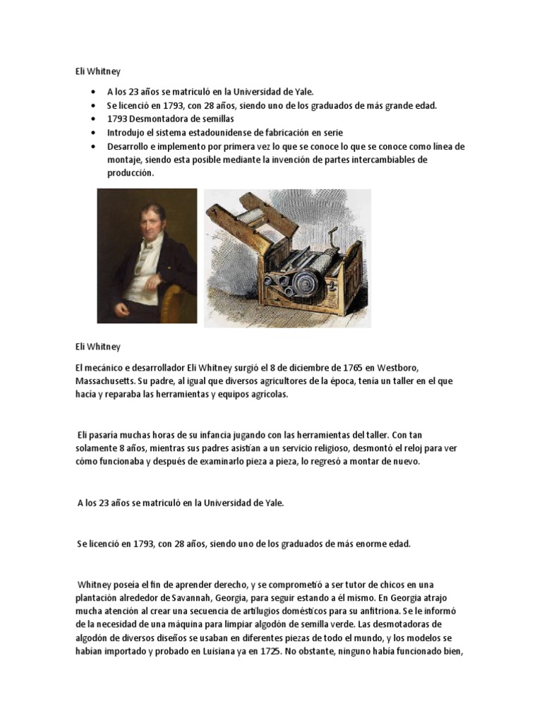 Eli Whitney: Inventor de la desmotadora de algodón y pionero de la ...