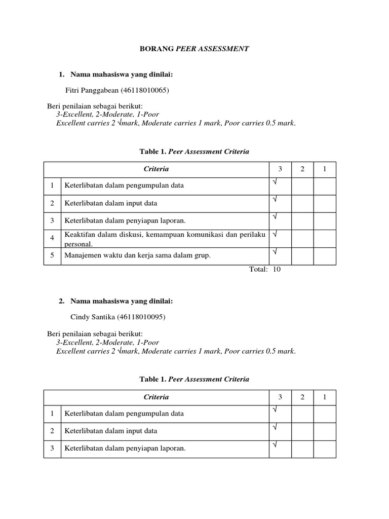 Contoh Borang Peer Assessment Mahasiswa | PDF