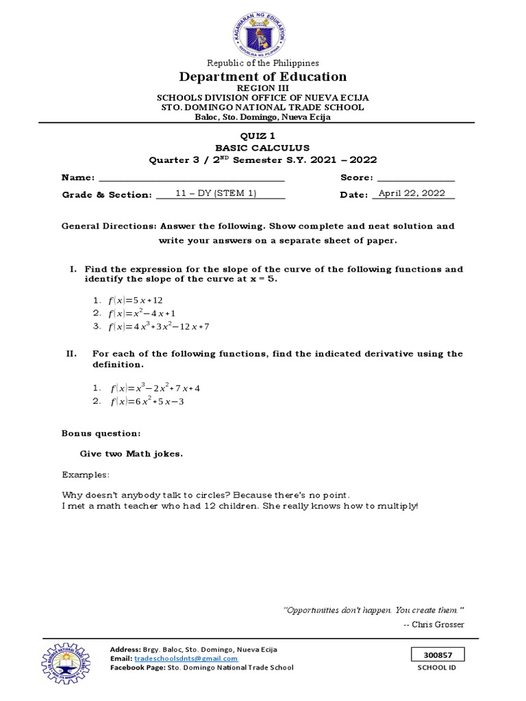 Basic Calculus Week 4 Quiz 1 Pdf