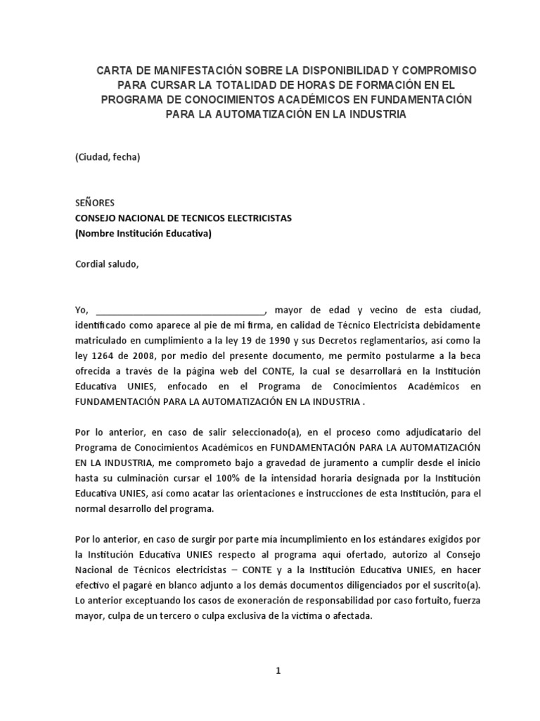 CARTA DE DISPONIBILIDAD Y COMPROMISO Convocatoria 002 2022 | PDF
