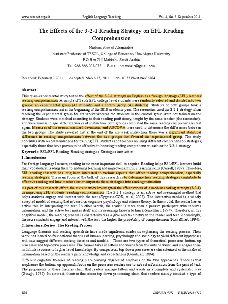The Effects of The 3-2-1 Reading Strategy On EFL Reading Comprehension ...