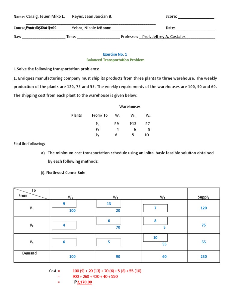 Exercise No. 1: Balanced Transportation Problem | PDF | Mathematical ...