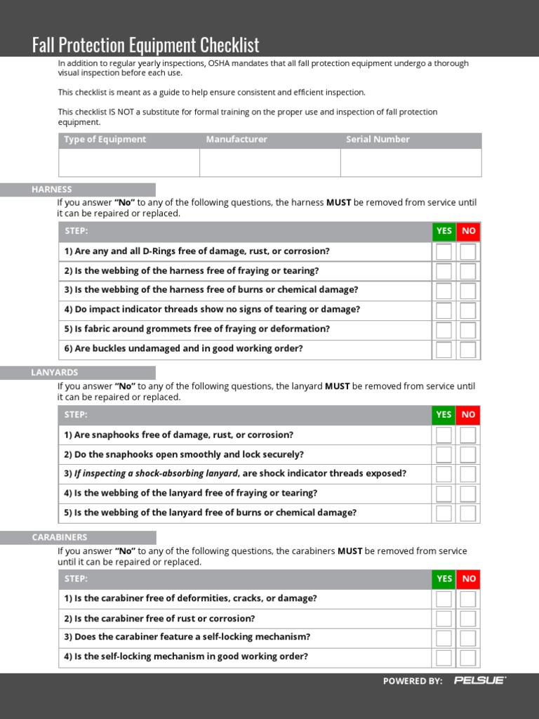 Fall Protection Equipment Inspection Checklist | PDF