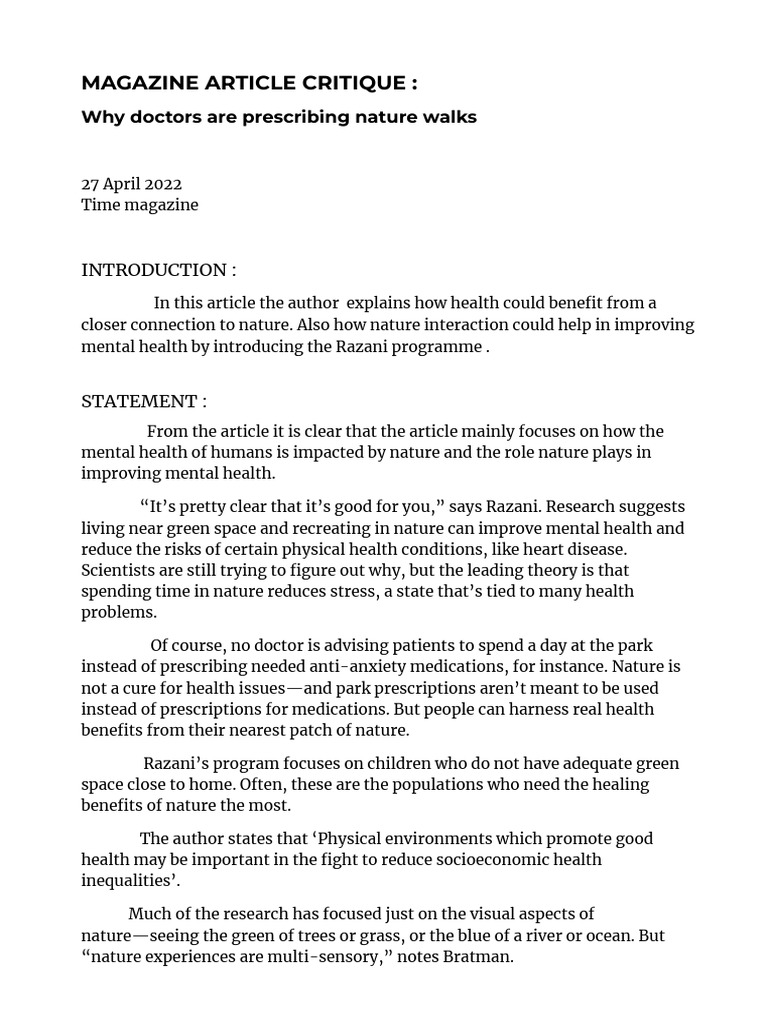 Magazine Article Critique | PDF | Mental Health | Nature
