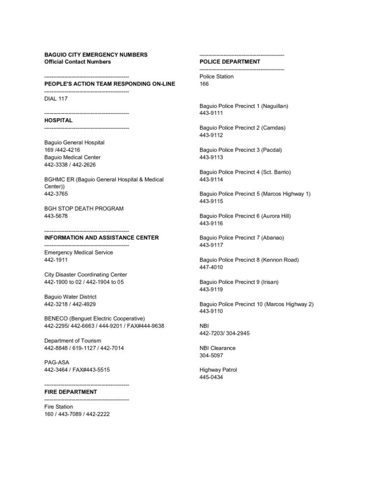 Baguio City Emergency Contact Numbers | PDF | Computers
