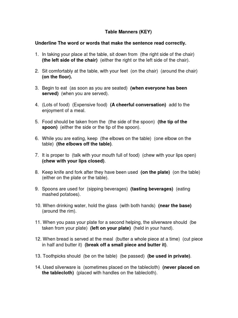 Table Manners Worksheet Key | PDF | Home | Tableware
