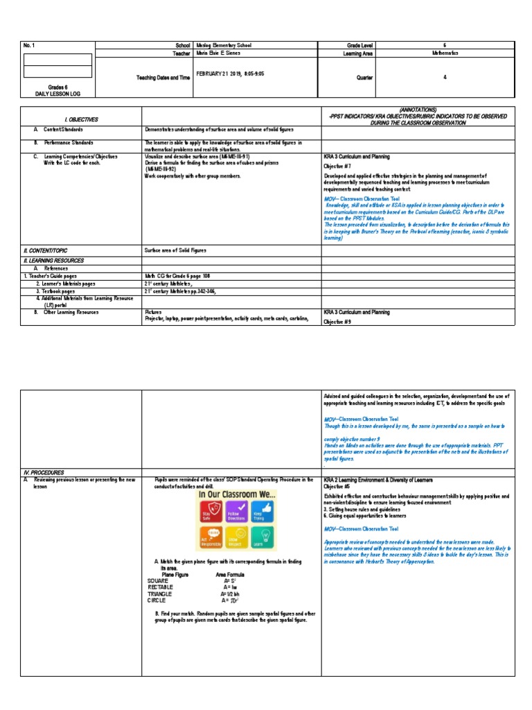 COT Surface Area | PDF | Lesson Plan | Learning