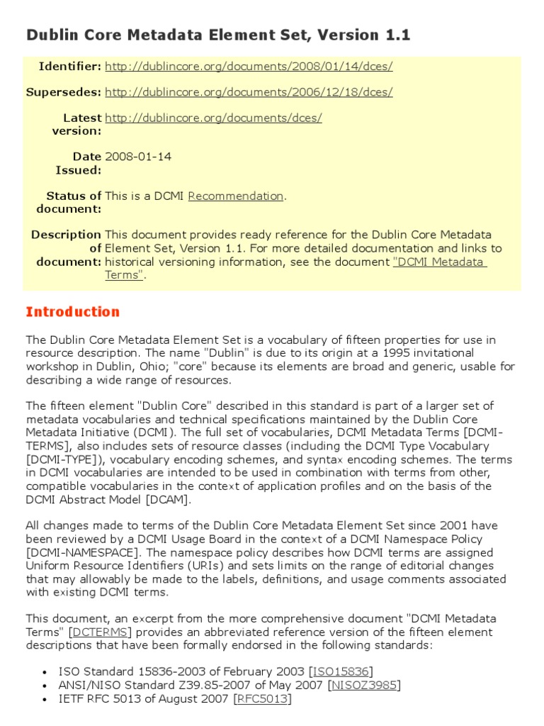 Dublin Core Metadata Element Set 1.1 | PDF | Information Retrieval ...