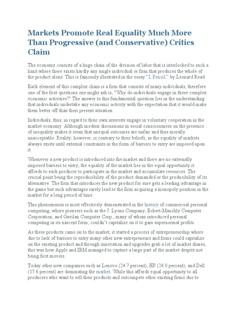 Markets Promote Real Equality Much More Than Progressive (And ...