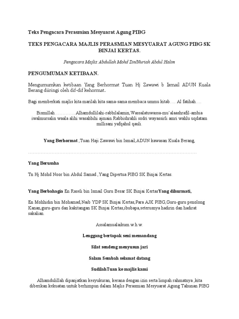 Teks Pengacara Perasmian Mesyuarat Agung PIBG | PDF