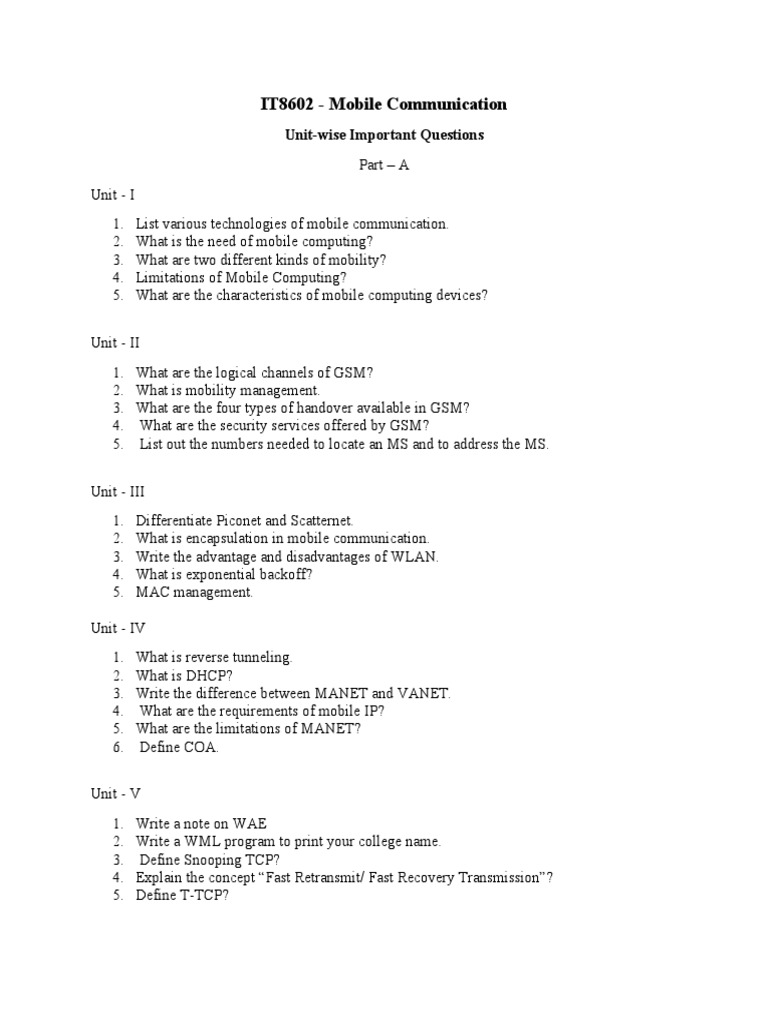 MC Unit-Wise Important Questions New | Download Free PDF | Wireless Ad Hoc Network | Computer ...