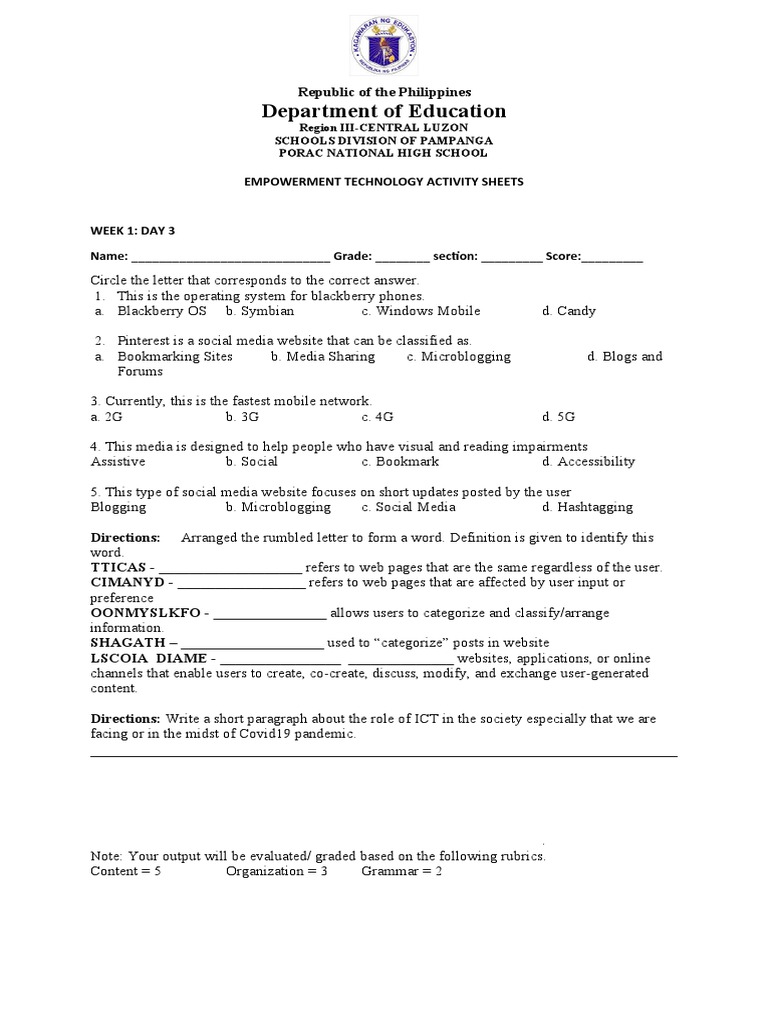 Week 1 - Day 3 Empowerment Technology Activity Sheets | PDF
