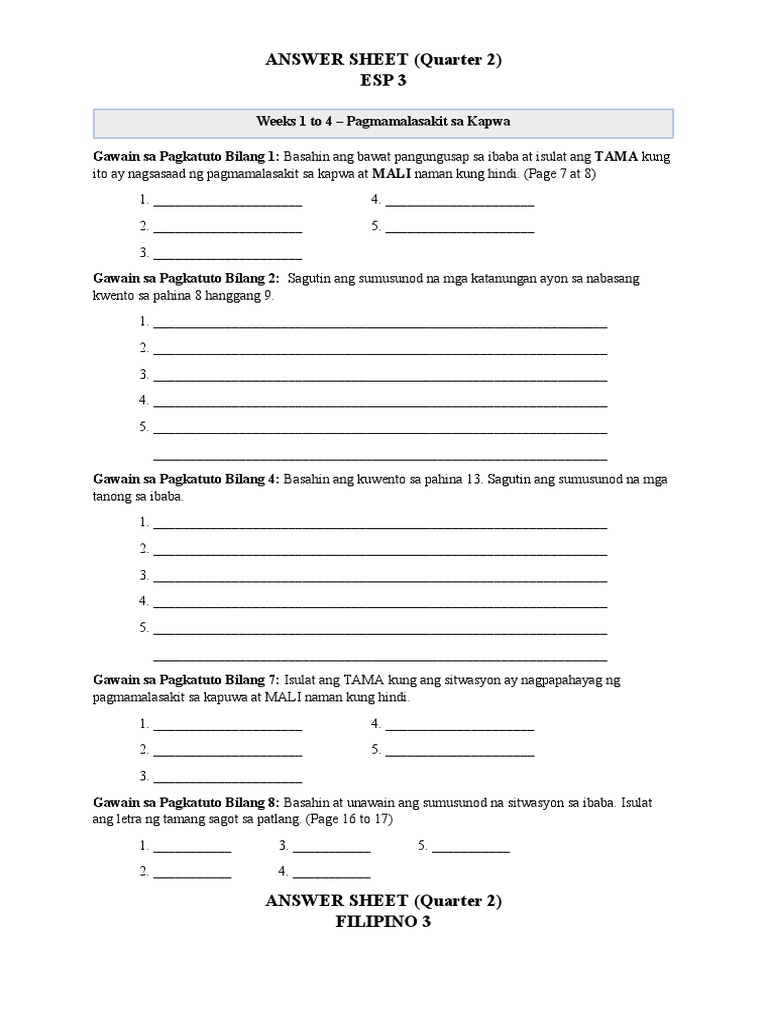 Grade 3 Answer Sheet Week 1 | PDF