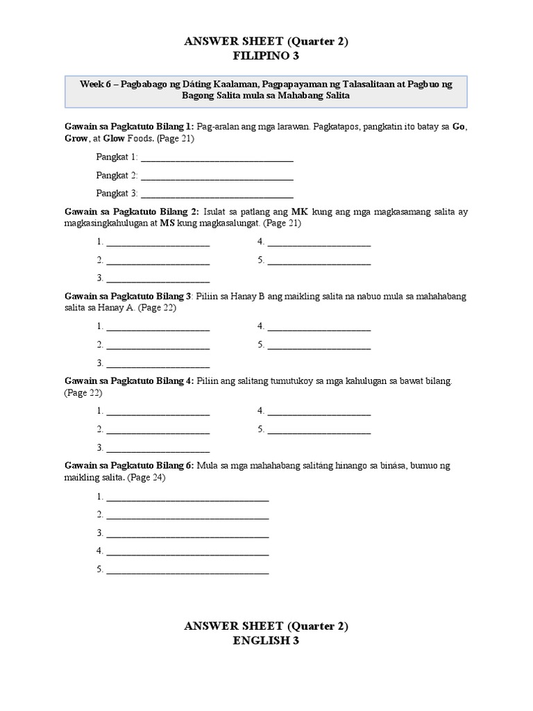 Grade 3 Answer Sheet Week 6 | PDF | Career & Growth