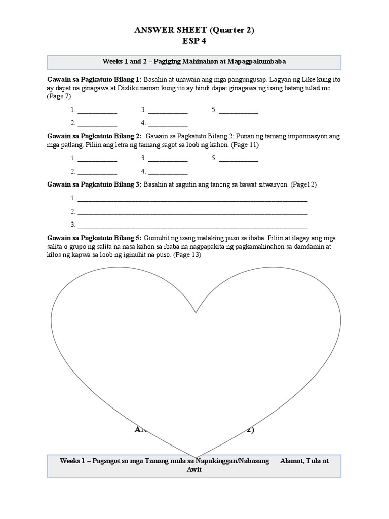 Grade 4 Answer Sheet Week 1 | PDF
