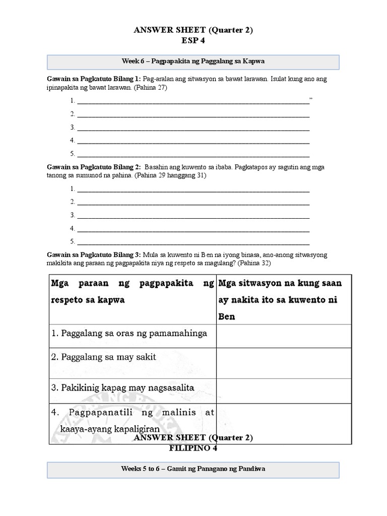 Grade 4 Answer Sheet Week 6 | PDF