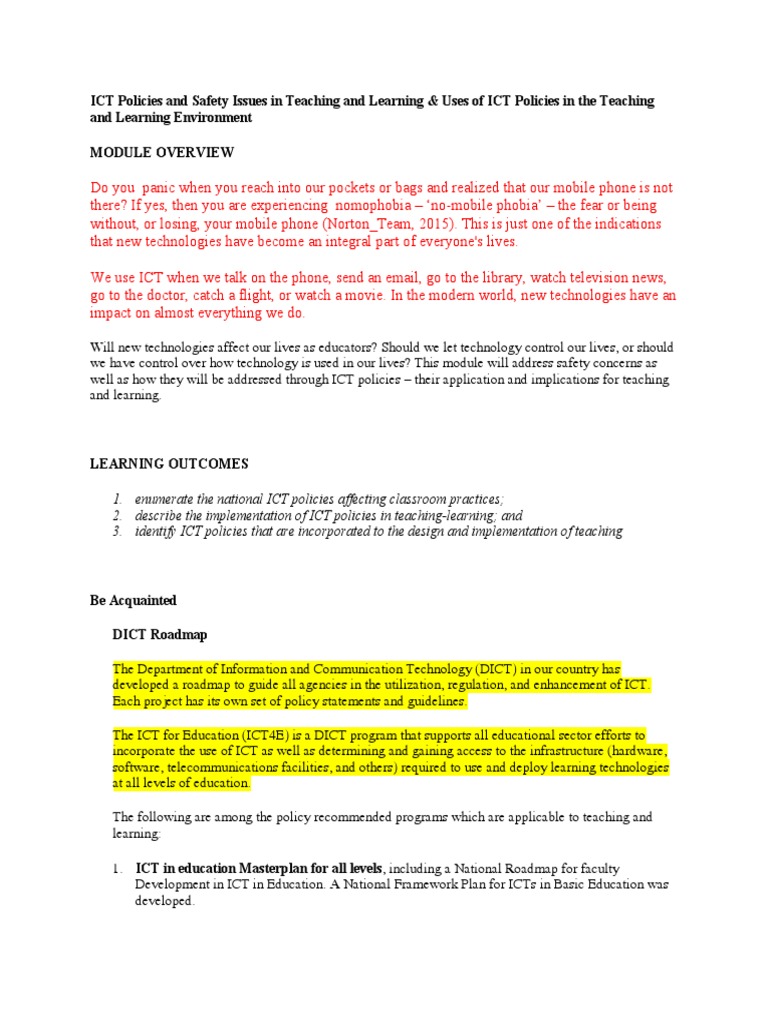 ICT Policies and Safety Issues in Teaching and Learning & Uses of ICT Policies in The Teaching ...