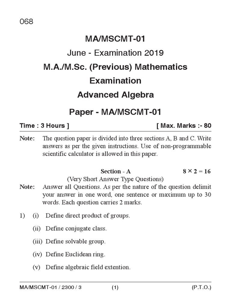 MA/MSCMT-01 M.A./M.Sc. (Previous) Mathematics Examination Advanced ...