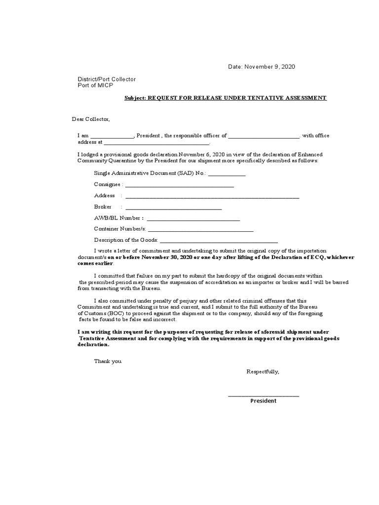 Request For Release Under Tentative Assessment | PDF