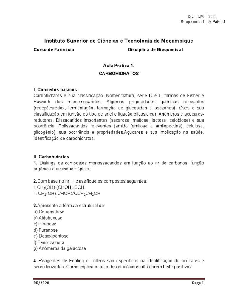 Bioq. I - Aula pratica. 1 - Carbohidratos. 2021.s2 | PDF | Carboidratos | Glicose