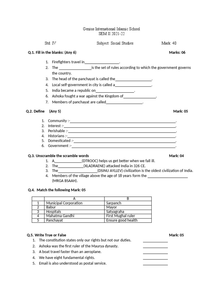 Q.1. Fill in The Blanks: (Any 6) Marks: 06 | PDF | Government