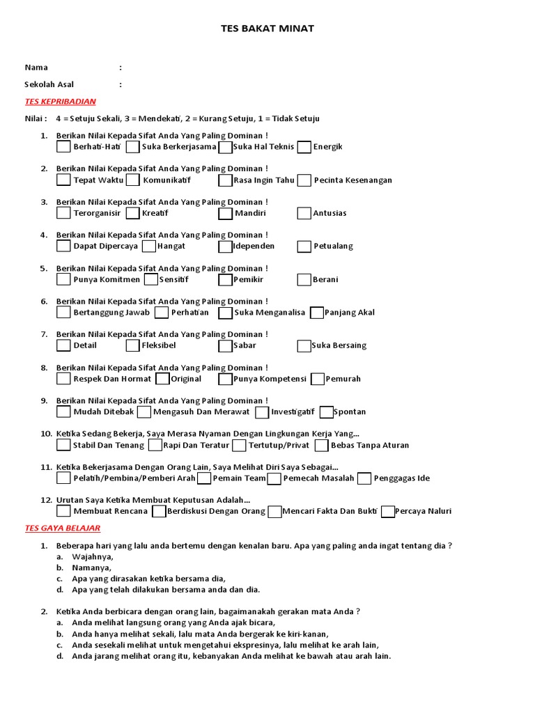 Contoh Tes Minat dan Bakat Siswa | PDF
