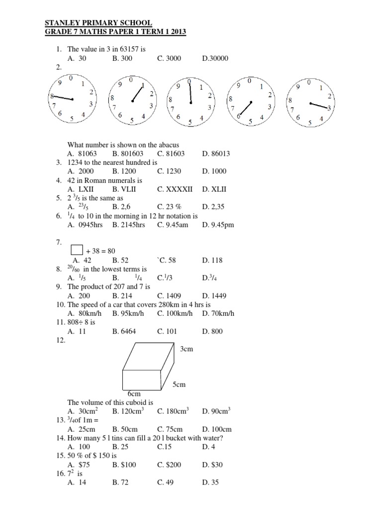 Grade 7 Maths Paper 1 Term 1 2013 | PDF | Elementary Mathematics ...