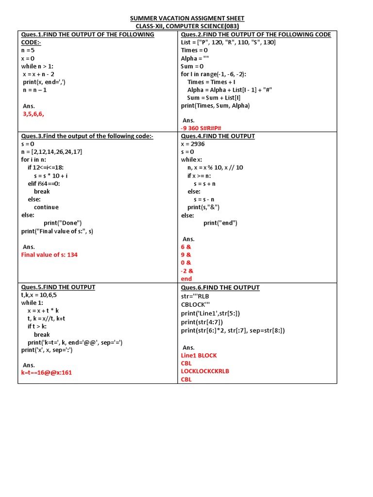 SUMMER VACATION ASSIGNMENT SHEET-12-computer Science-2022-23 | PDF | Parameter (Computer ...