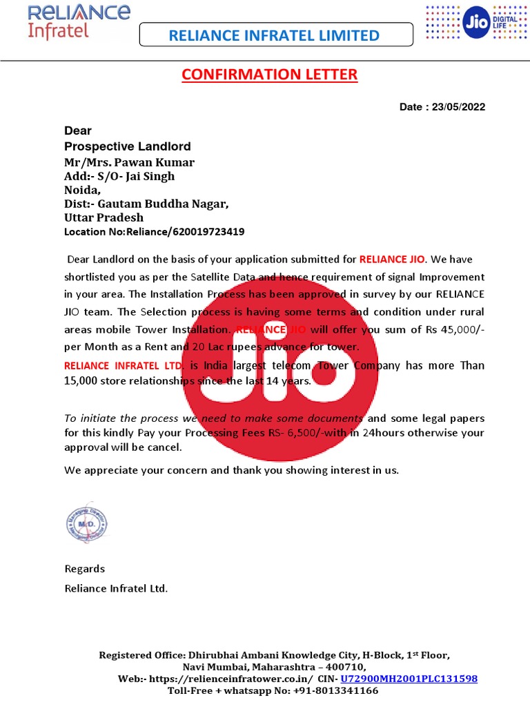 Confirmation Letter Reliance Infratel PVT - LTD | PDF