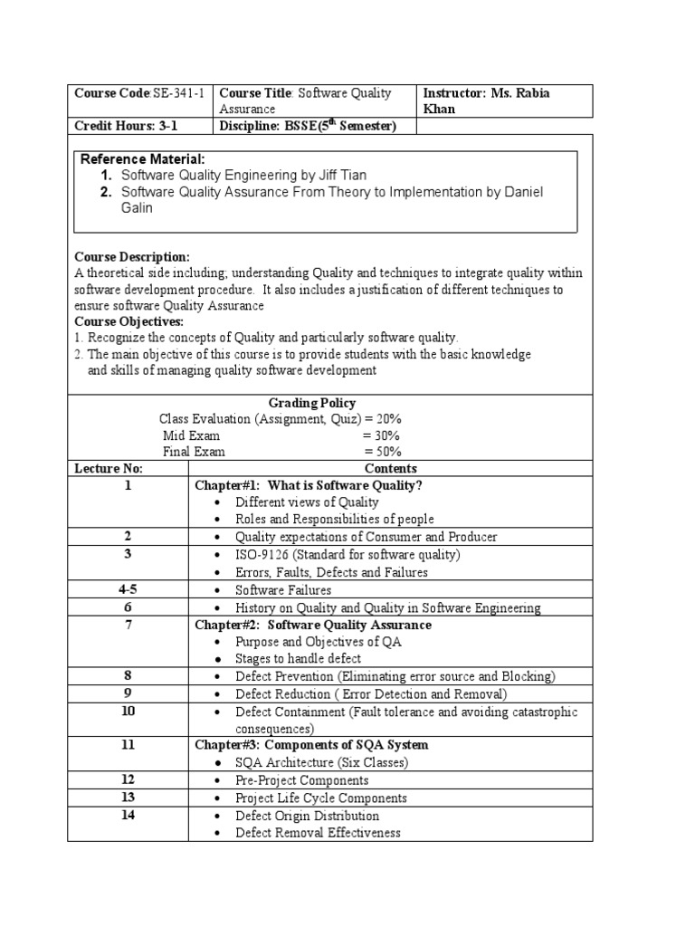 SQA Course Outline | PDF | Software Testing | Quality Assurance