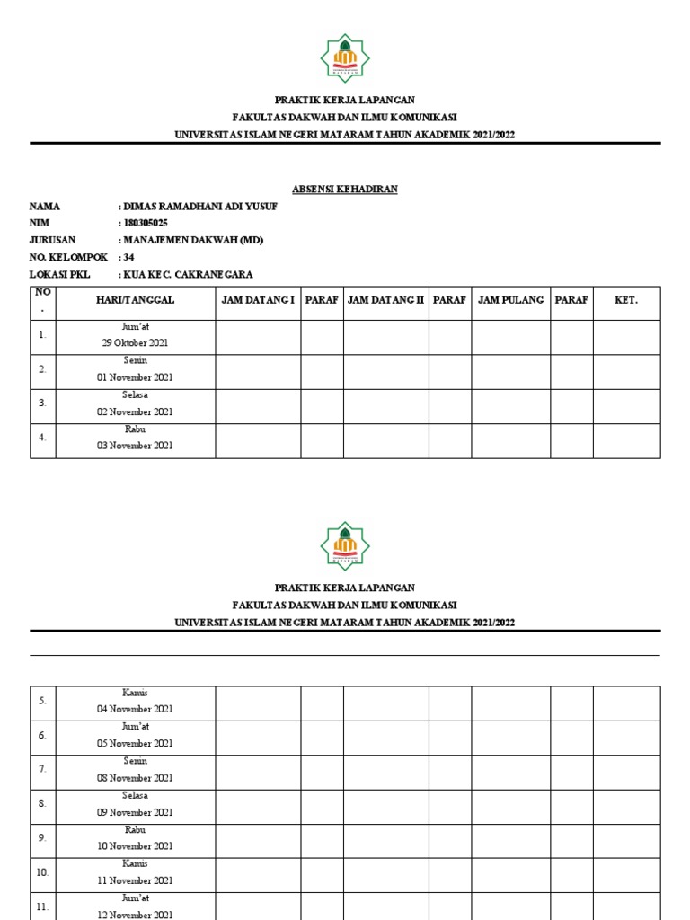 Absensi Kehadiran PKL FDIK UIN Mataram 2021 | PDF
