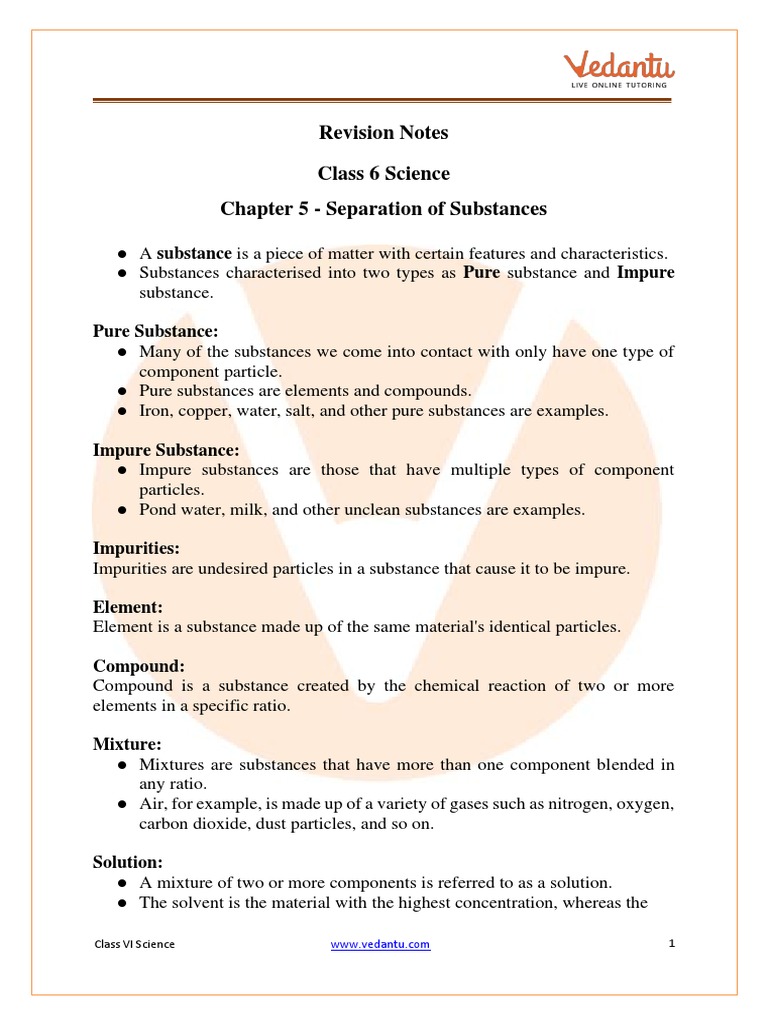 Class 6 Science Chapter 5 Revision Notes | PDF | Chemical Substances ...