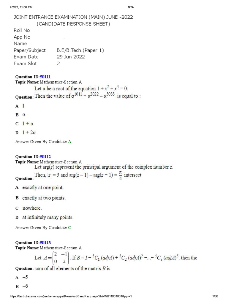 Question ID: Topic Name:Mathematics-Section A A B C D | Download Free ...