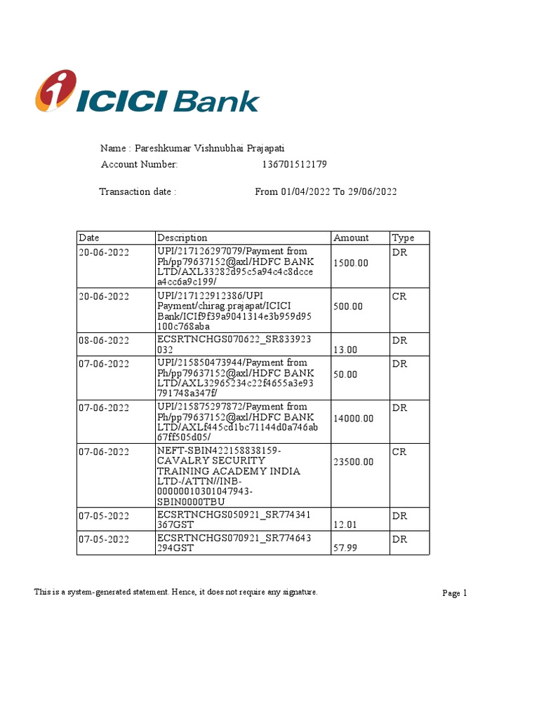 ICICI BANK FORMAT | PDF | Payments | Financial Transaction