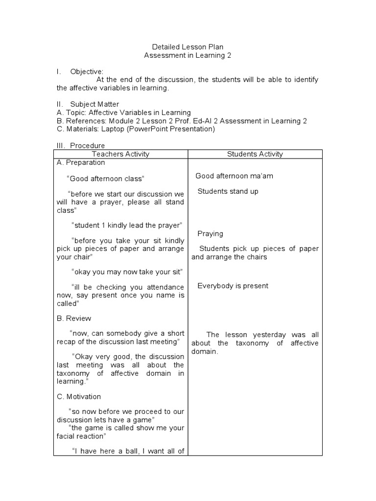 Detailed Lesson Plan | PDF | Affect (Psychology) | Motivation