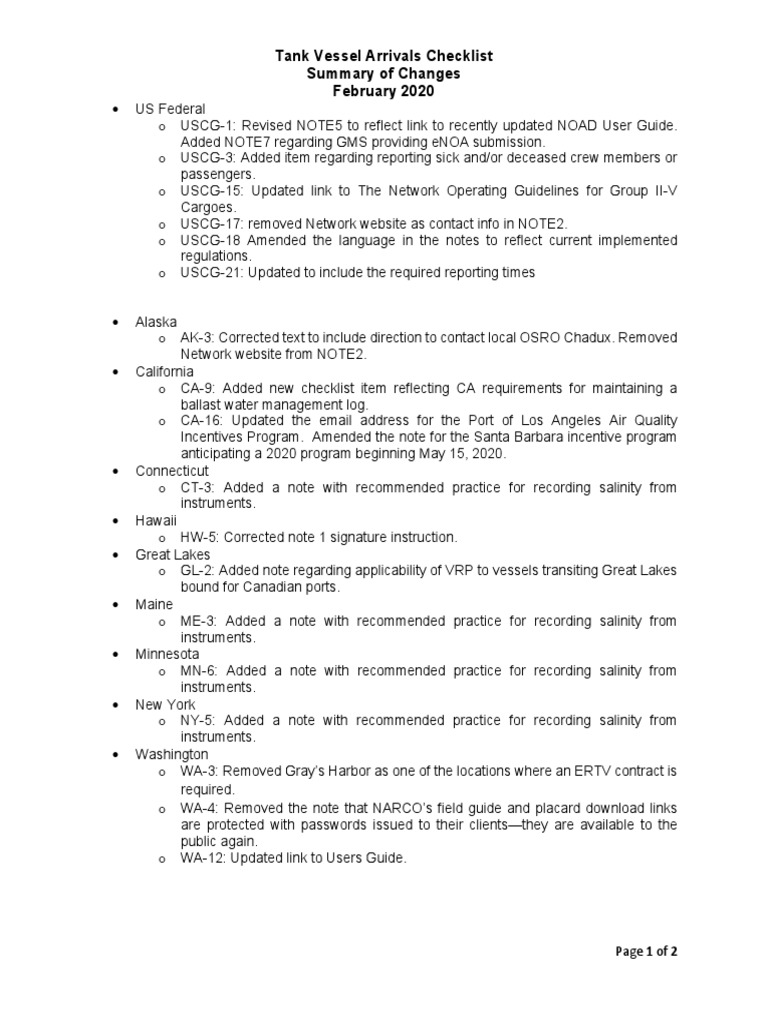 Tank Vessel Arrivals Checklist Summary of Changes February 2020 | PDF ...