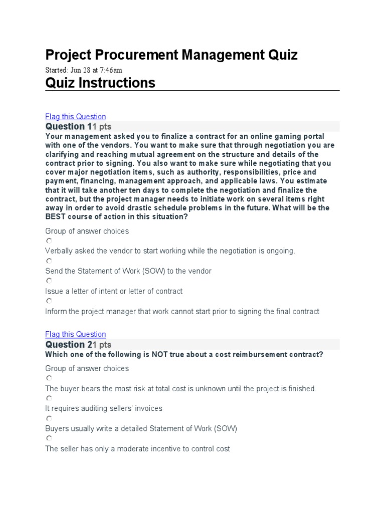 Project Procurement Management Quiz Pdf Procurement Negotiation