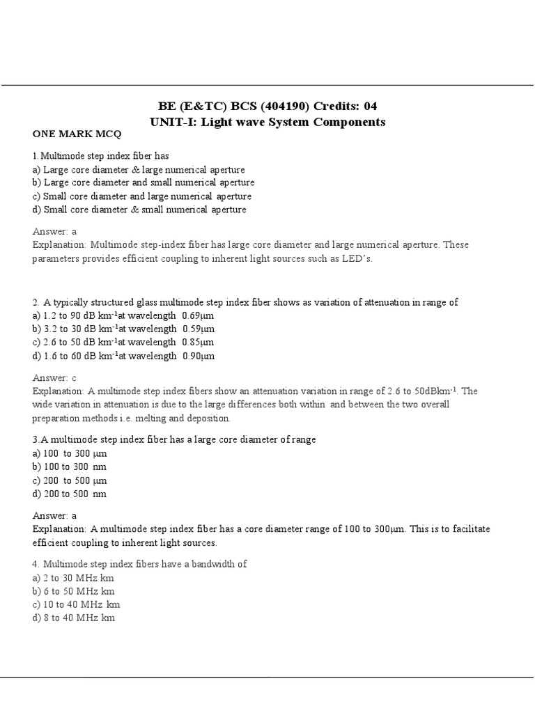 BE (E&TC) BCS (404190) Credits: 04 UNIT-I: Light Wave System Components | PDF | Optical Fiber ...