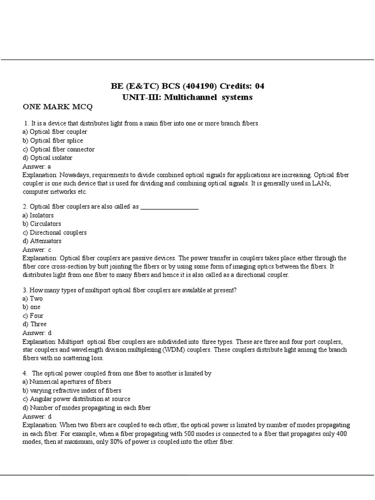BE (E&TC) BCS (404190) Credits: 04 UNIT-III: Multichannel Systems | PDF | Optical Fiber ...