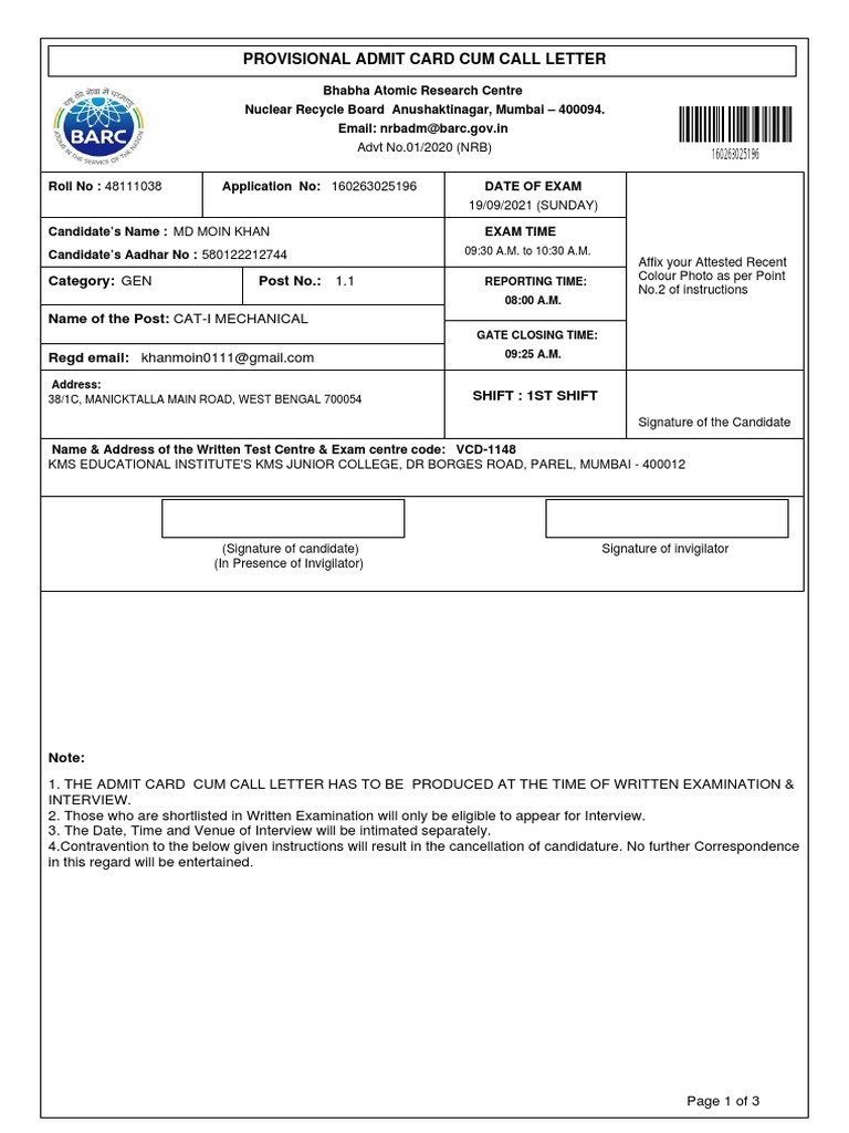 Provisional Admit Card and Important Instructions for the Written ...