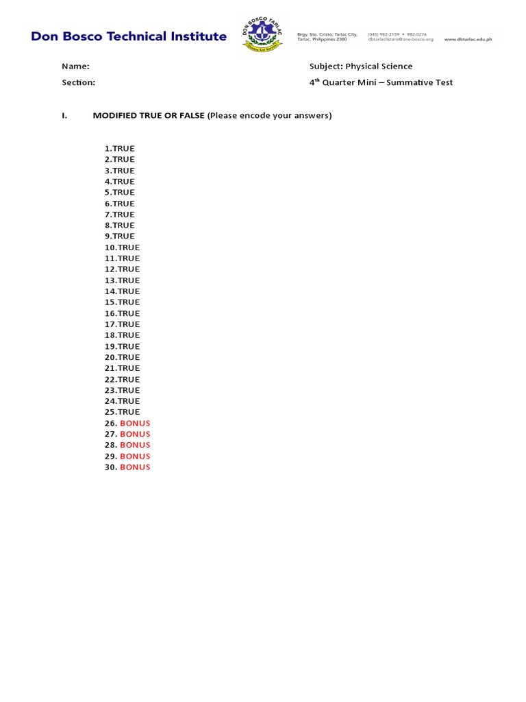 I. MODIFIED TRUE OR FALSE (Please Encode Your Answers) : Bonus Bonus ...