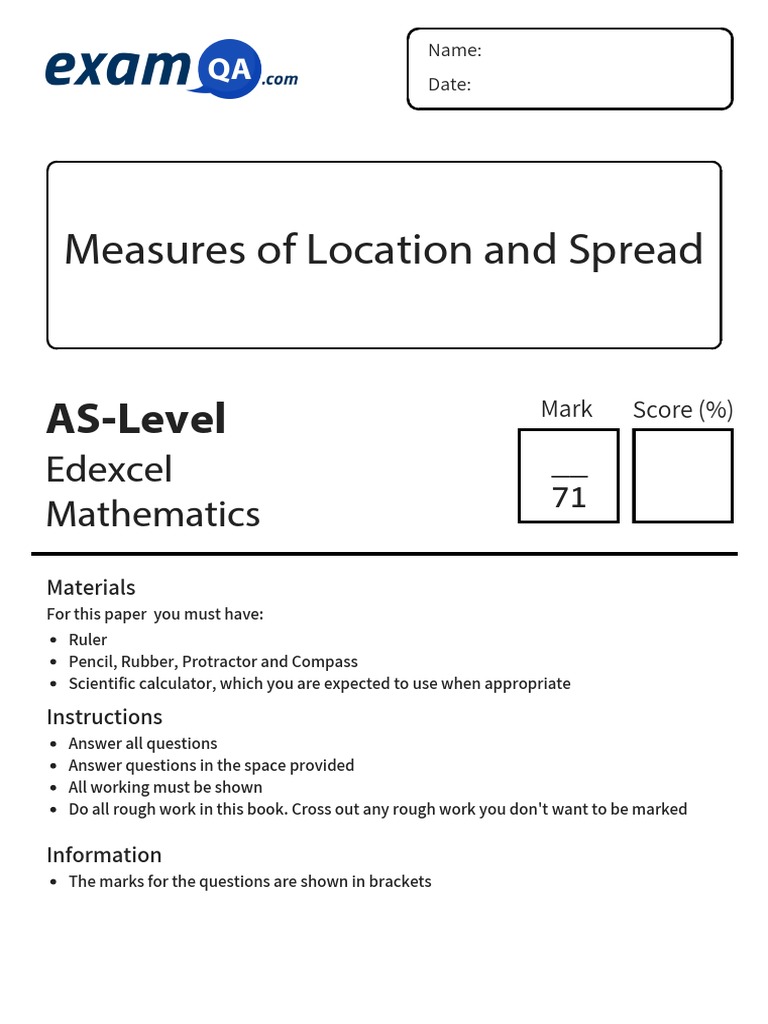 As Stats Chapter 2 Measures of Location and Spread Worksheet QP | PDF ...