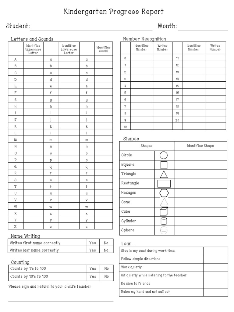 Kindergarten Progress Report: Student: Month | PDF | Shape | Vision
