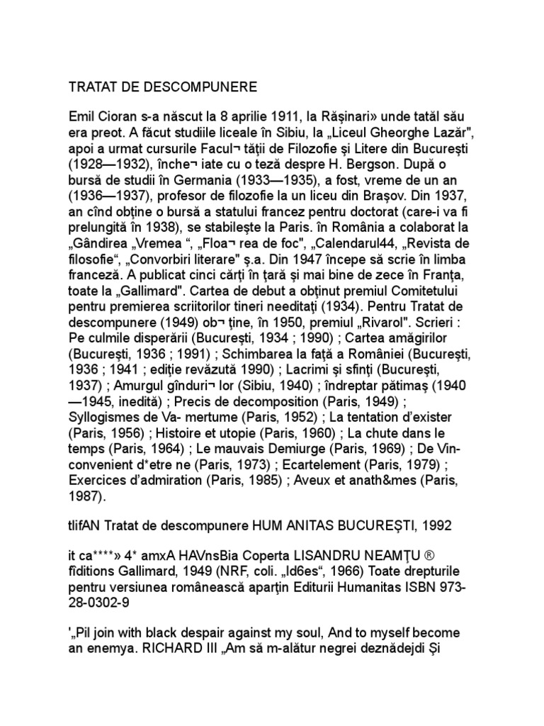 Tratat de Descompunere (Emil Cioran) | PDF