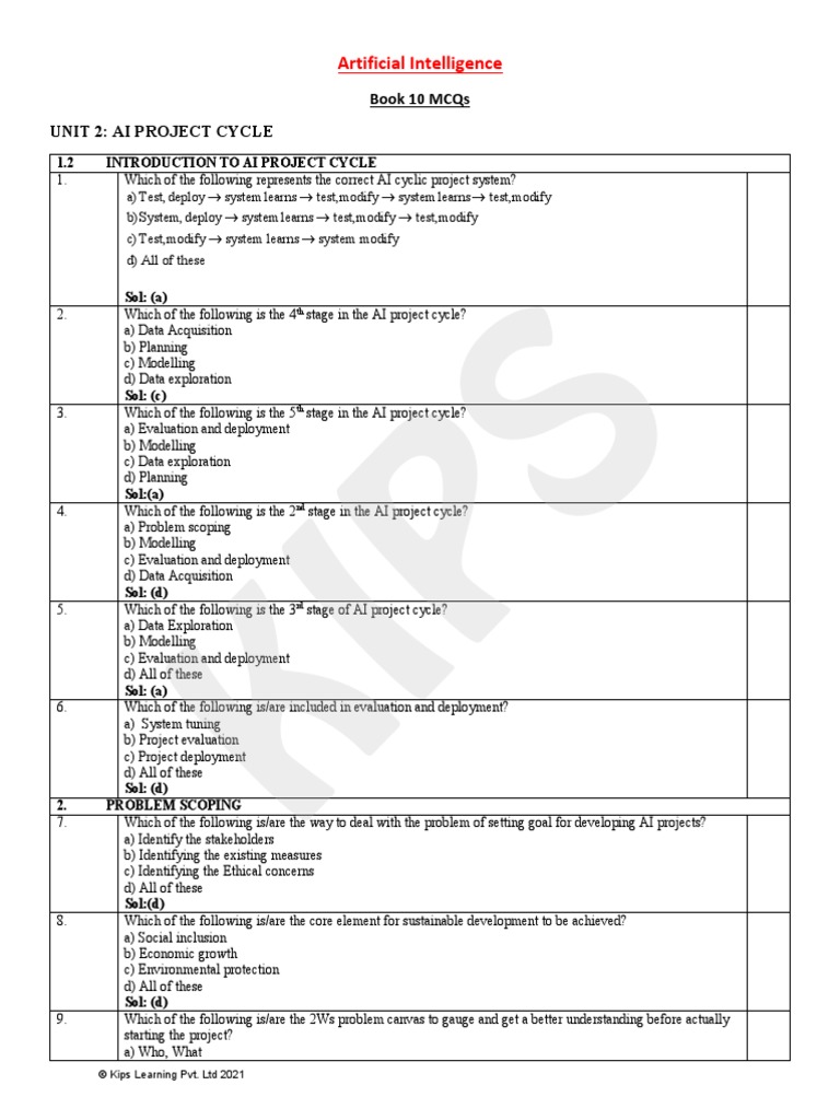 Artificial Intelligence: Book 10 Mcqs Unit 2: Ai Project Cycle | PDF ...