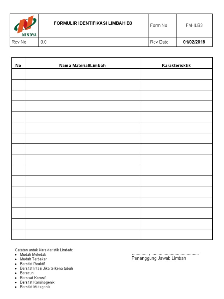 Formulir Identifikasi Limbah B3: Form No Fm-Ilb3 Rev No 0.0 Rev Date | PDF
