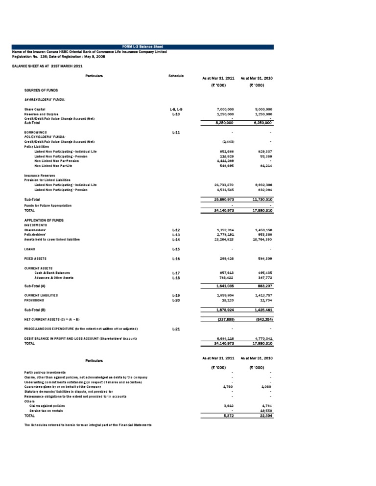 FORM L 3 Balance Sheet - Mar11 | PDF