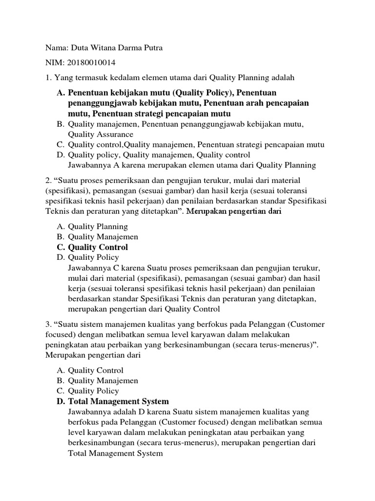 Elemen Utama Quality Planning | PDF